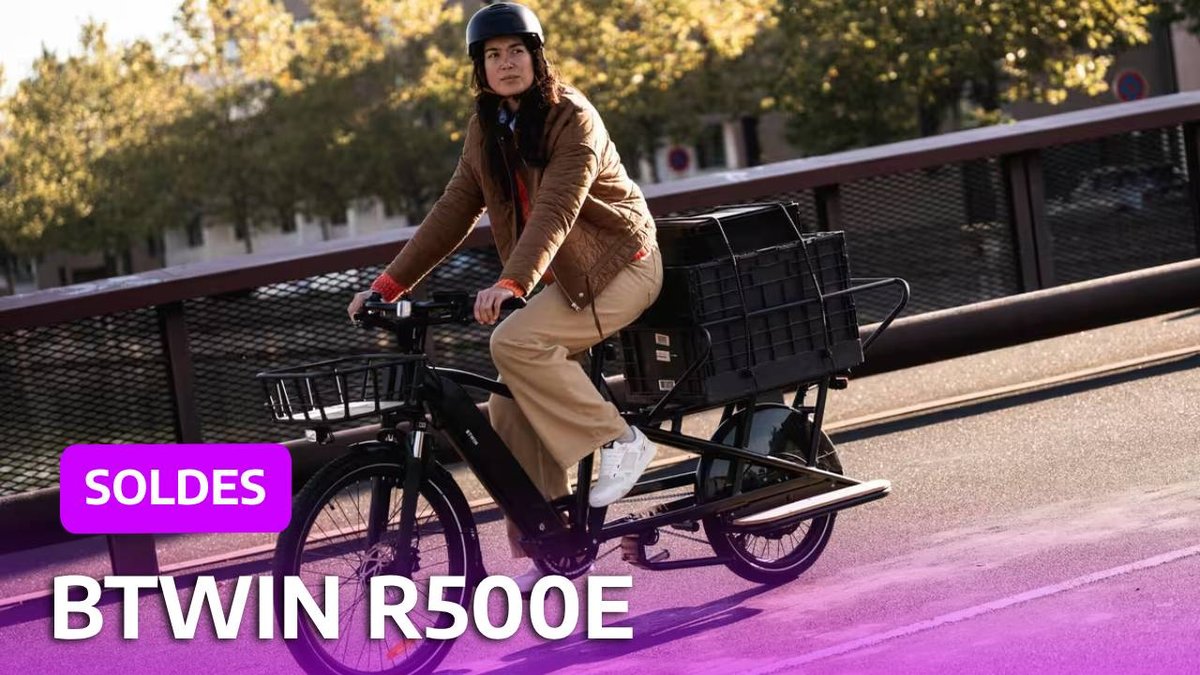 Le vélo cargo électrique BTWIN R500E, idéal pour transporter ses enfants à l'école, bénéficie d ...